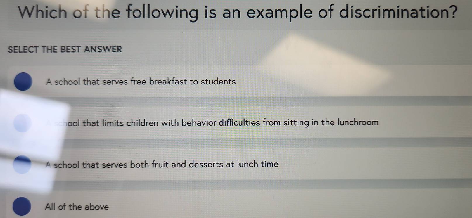 Solved: Which of the following is an example of discrimination? SELECT ...