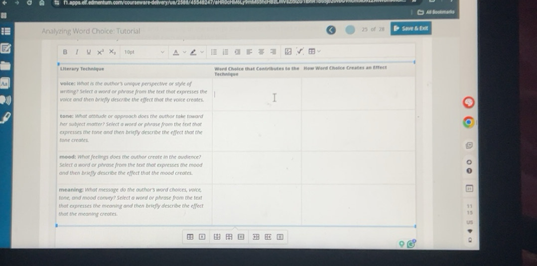 Solved: All Bookmarks Analyzing Word Choice: Tutorial 25 of 28 B Save ...
