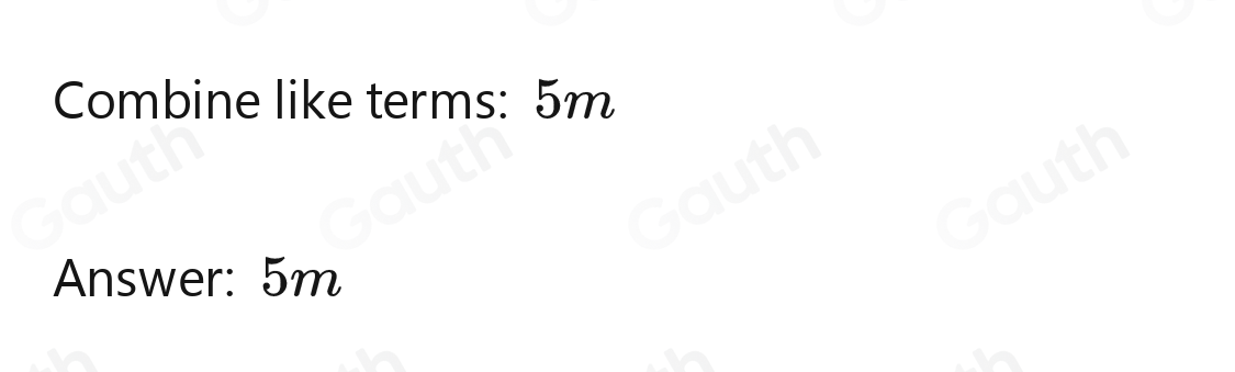 Solved: Fully simplify 8c+7m-5c-2m+12-12-3c [Math]