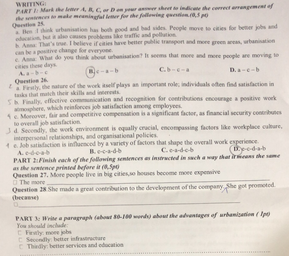 Giải quyết:WRITING: PART 1: Mark the letter A, B, C, or D on your ...