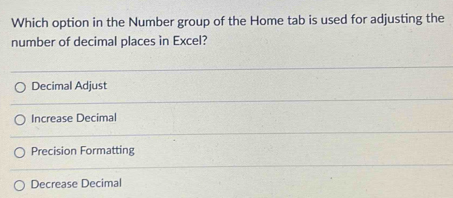 Solved: Which option in the Number group of the Home tab is used for ...