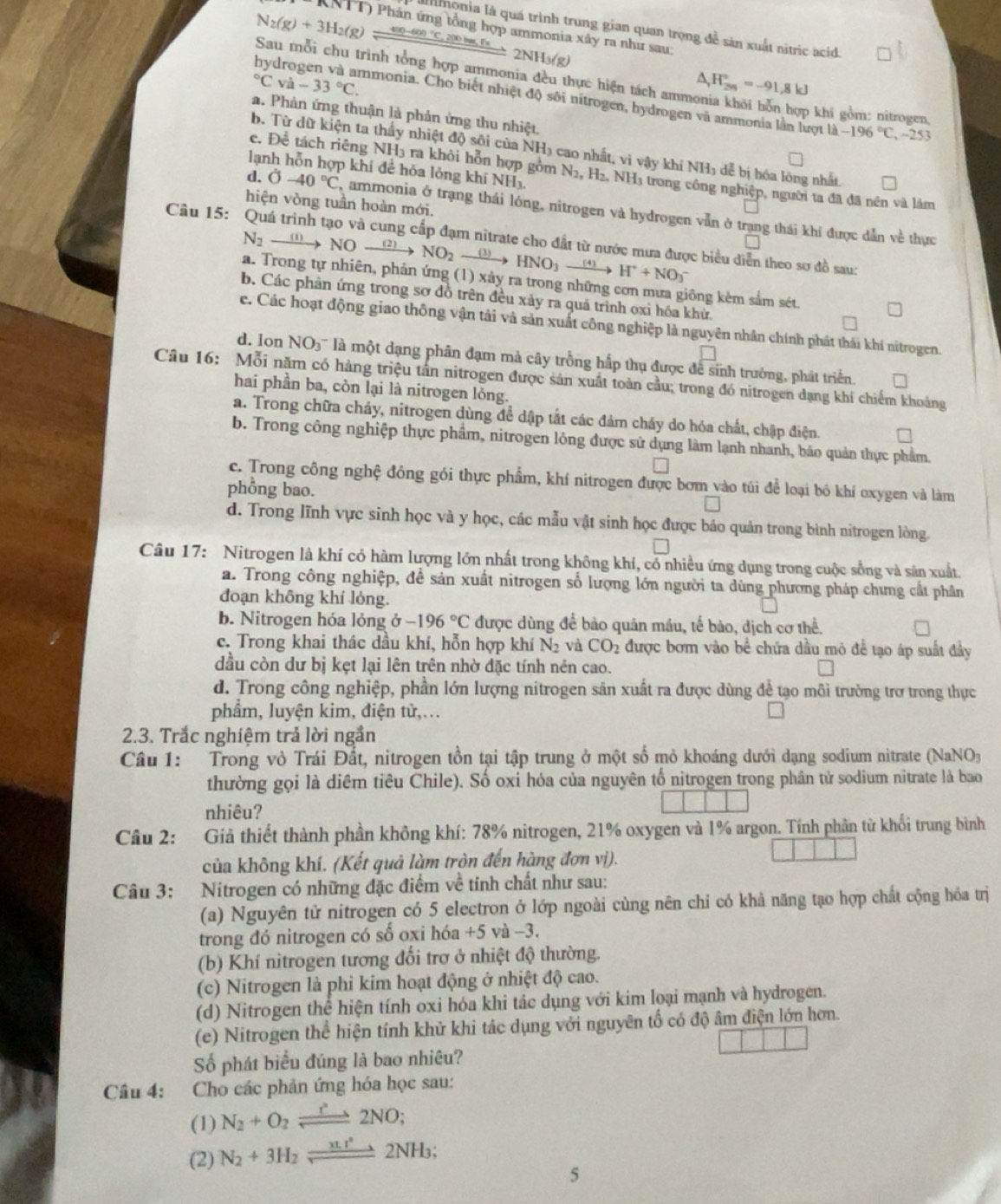 Giải quyết:KNTT) Phán ứng tổng hợp ammonia xây ra như sau: almonia là ...