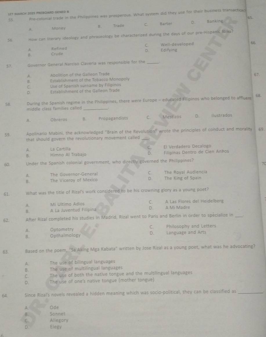 Solved: LET MARCH 2025 PREBOARD GENED B 55. Pre-colonial trade in the ...