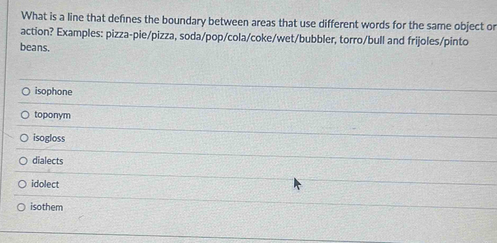 Solved: What is a line that defines the boundary between areas that use different words for the ...