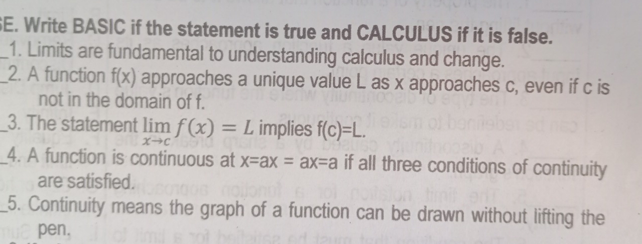 Solved: Write BASIC if the statement is true and CALCULUS if it is ...
