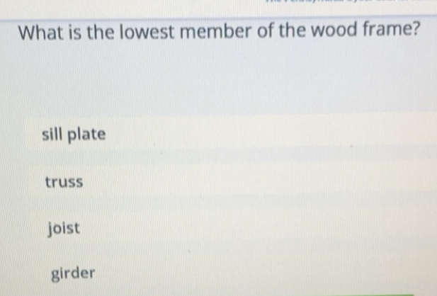 Solved: What is the lowest member of the wood frame? sill plate truss ...