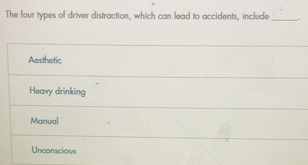 Solved: The four types of driver distraction, which can lead to ...