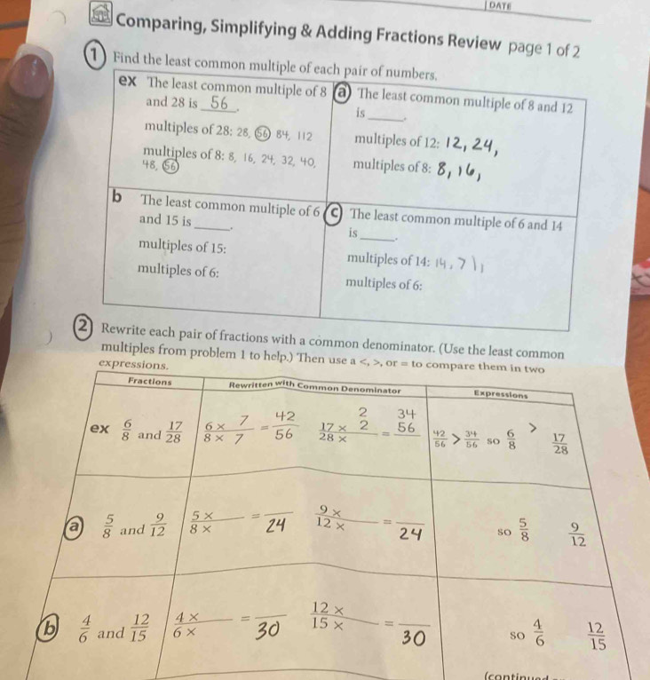 Solved: DATE Comparing, Simplifying & Adding Fractions Review page 1 of ...