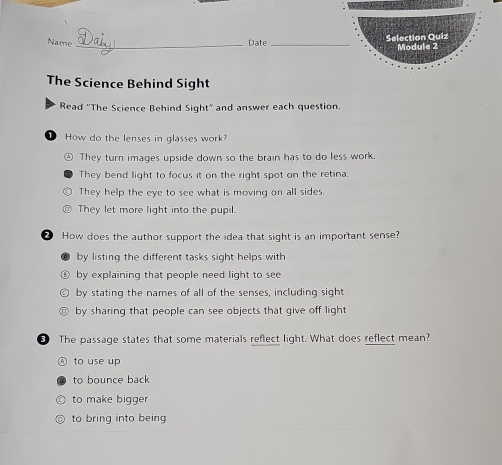 Solved: Name _Date _Selection Quiz Module 2 The Science Behind Sight ...