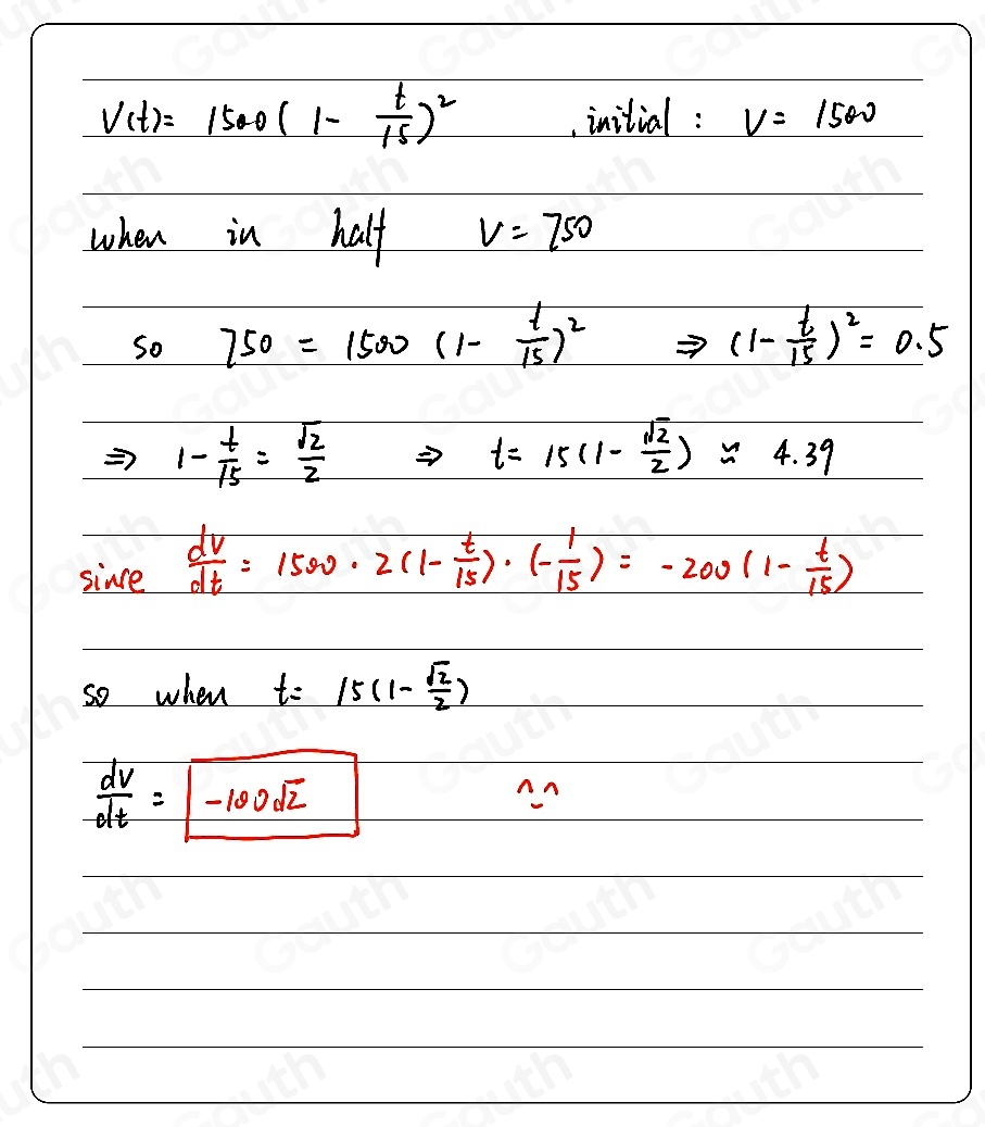 Solved: A tank leaks water so that the volume of water, in litres ...
