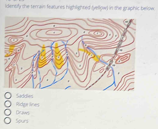 Solved: Identify the terrain features highlighted (yellow) in the graphic below. Saddles Ridge ...