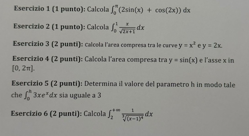 Risolto:(1 punto): Calcola ∈t _0^((π)(2sin (x)+cos (2x))dx Esercizio 2 ...
