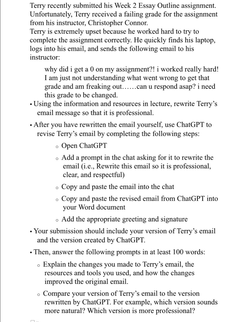 Solved: Terry recently submitted his Week 2 Essay Outline assignment ...
