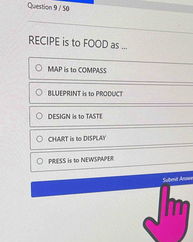 Solved: RECIPE is to FOOD as ... MAP is to COMPASS BLUEPRINT is to PRODUCT DESIGN is to TASTE ...