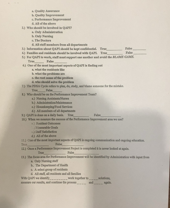 Solved: a. Quality Assurance b. Quality Improvement c. Performance ...