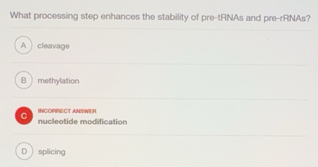 Solved: What processing step enhances the stability of pre-tRNAs and ...