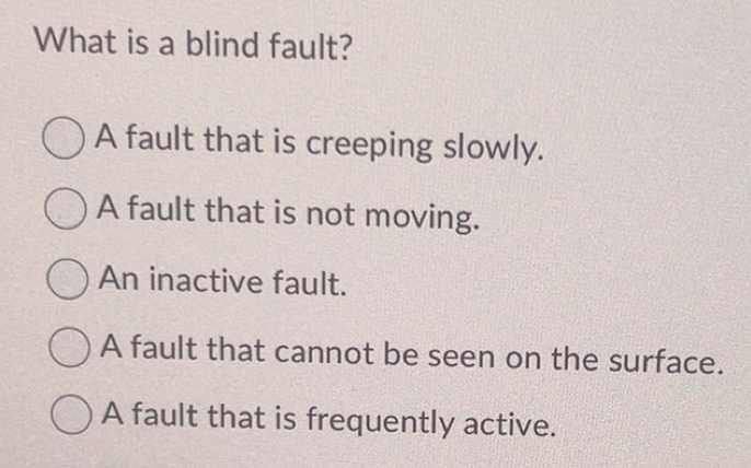 Solved: What is a blind fault? A fault that is creeping slowly. A fault ...