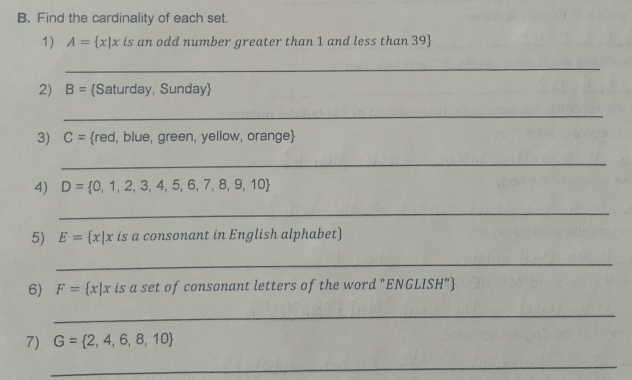 Solved: Find the cardinality of each set. 1) A= x|x is an odd number greater than 1 and less ...
