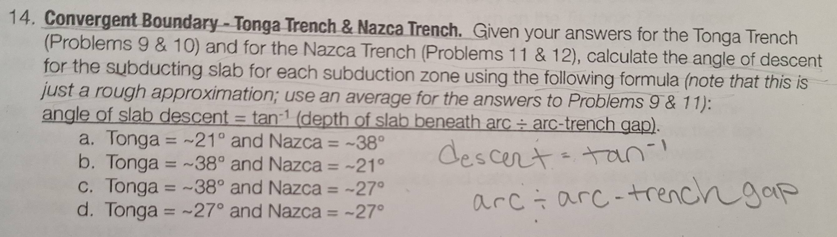Solved: Convergent Boundary - Tonga Trench & Nazca Trench. Given your answers for the Tonga ...