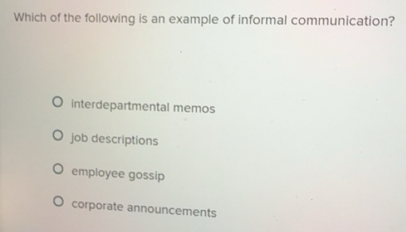 Solved: Which of the following is an example of informal communication ...