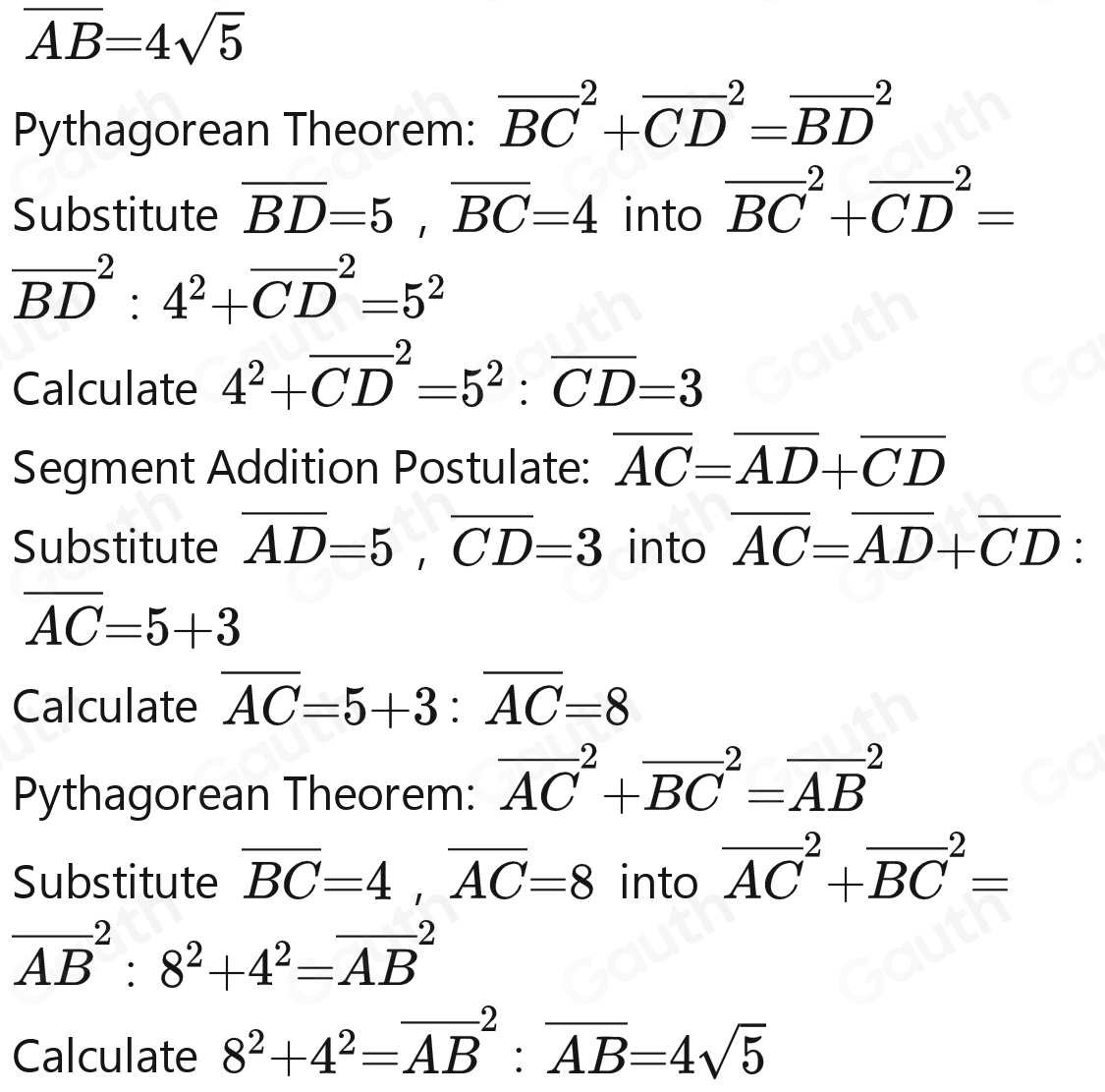 Solved: Consider the figure. Find AB if BC=4, BD=5 , and AD=5. AB= [Math]