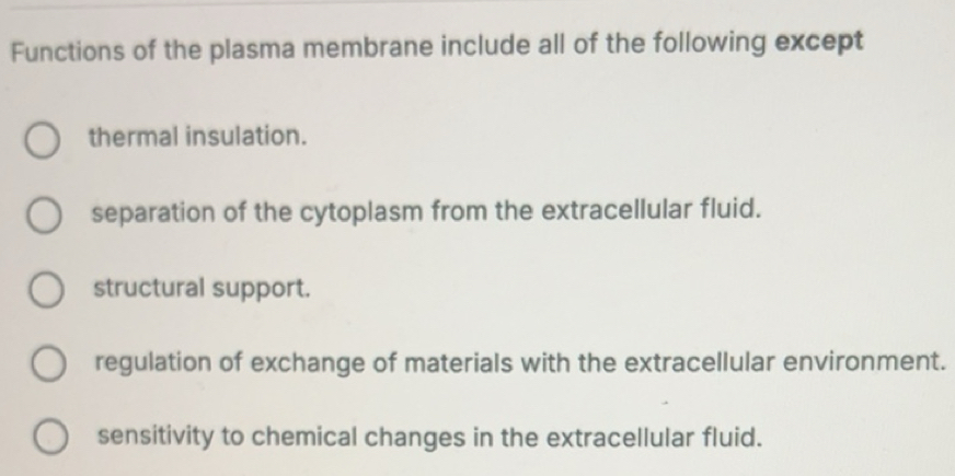 Solved: Functions of the plasma membrane include all of the following ...