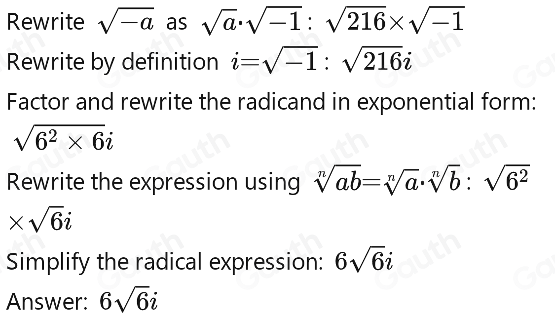 Solved: Write sqrt(-216) in simplest radical form.. [Math]