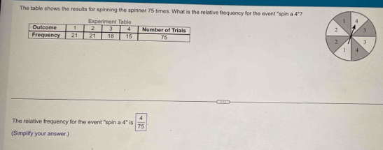 Solved: The table shows the results for spinning the spinner 75 times ...