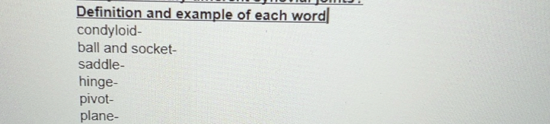 Solved: Definition and example of each word condyloid- ball and socket ...