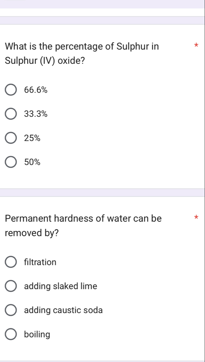 Gelöst:What is the percentage of Sulphur in * Sulphur (IV) oxide? 66.6% ...