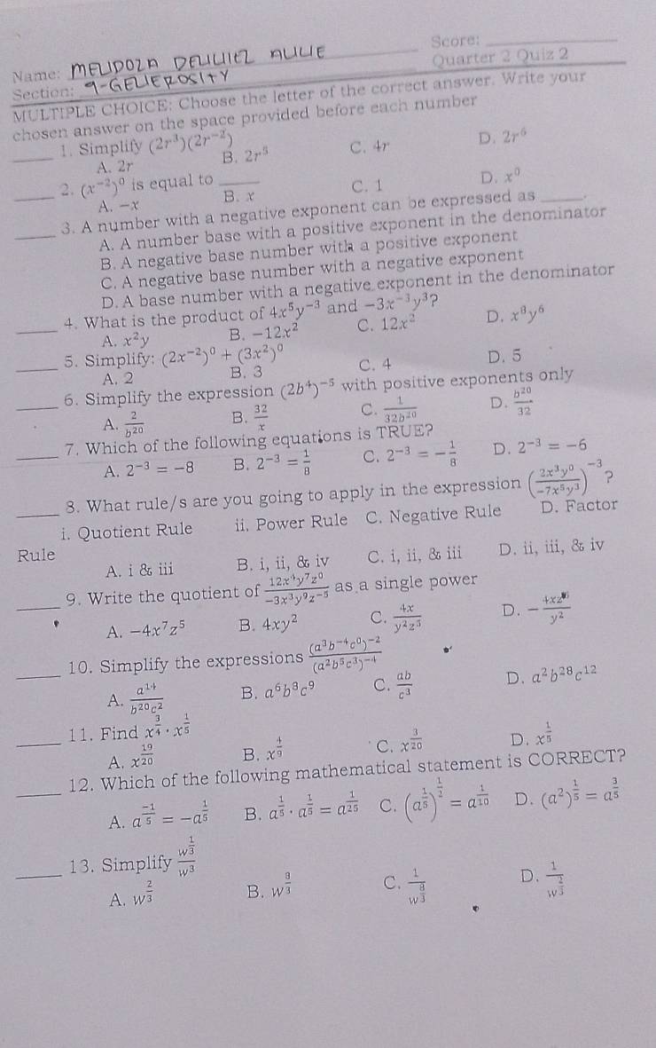 Solved: Score:_ Section: _Quarter 2 Quiz 2 Name: _ MULTIPLE CHOICE ...