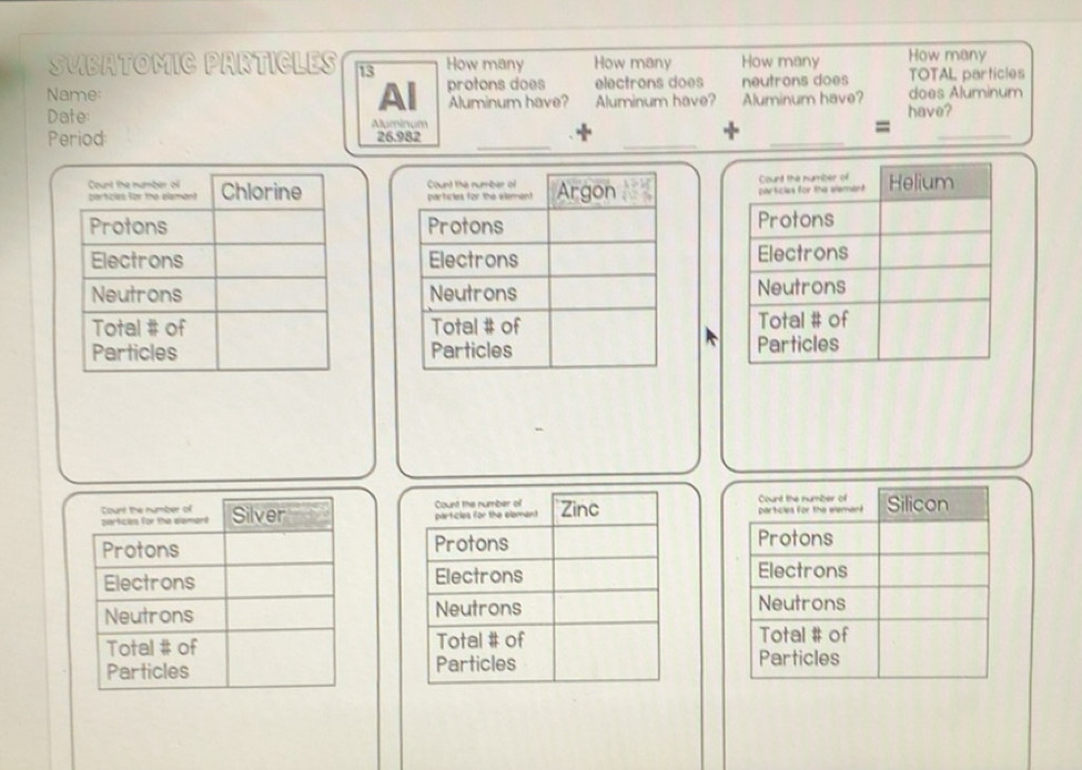 Solved: SUBATOMIC PARTICLES 13 How many How many How many How many Name ...