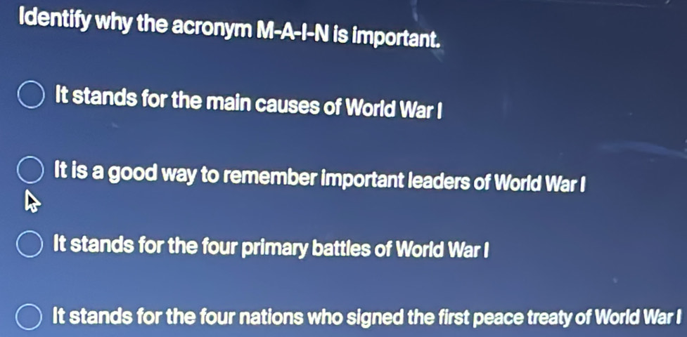 Solved: Identify why the acronym M-A-l-N is important. It stands for ...