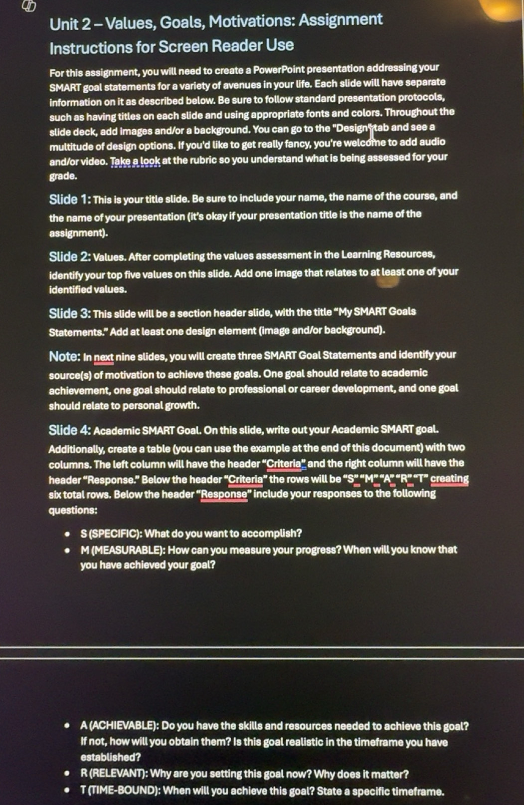 Gelöst:Values, Goals, Motivations: Assignment Instructions for Screen ...