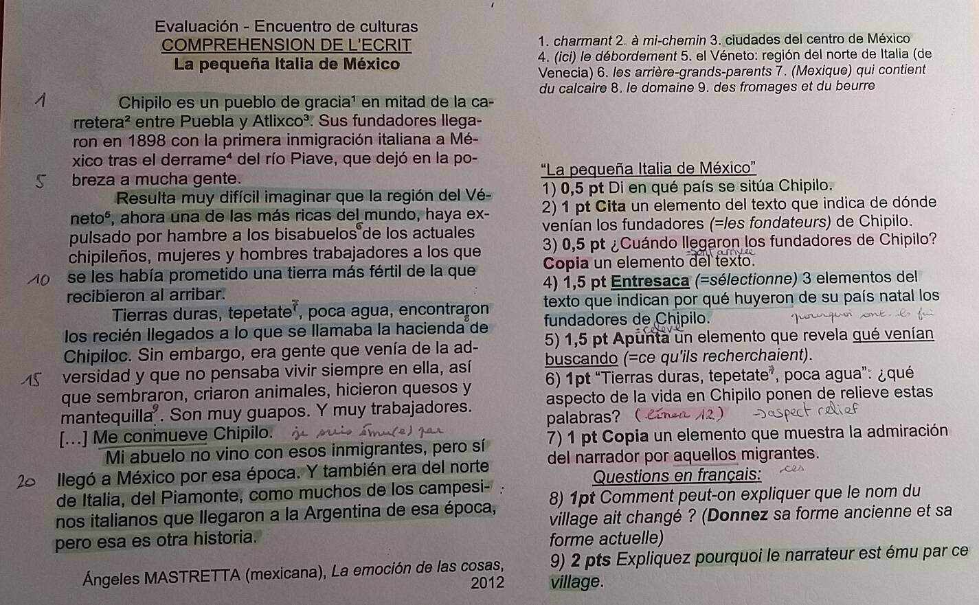 Résolu :Evaluación - Encuentro de culturas COMPREHENSION DE L'ECRIT 1 ...
