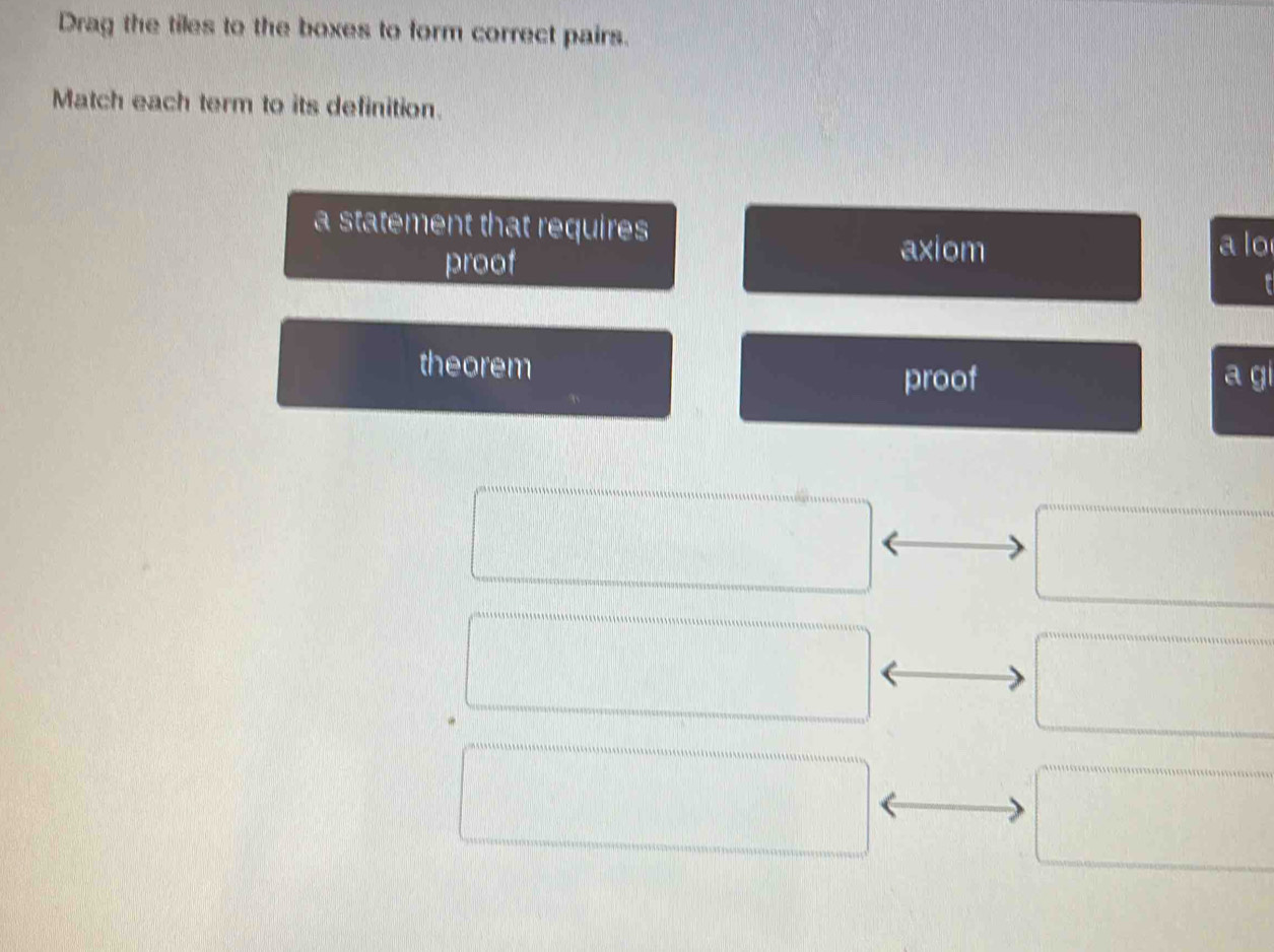 Solved: Drag the tiles to the boxes to form correct pairs. Match each term to its definition. a ...