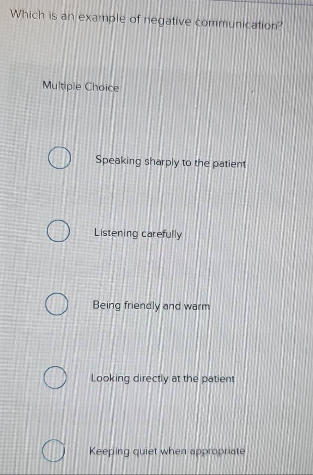 Solved: Which is an example of negative communication? Multiple Choice ...