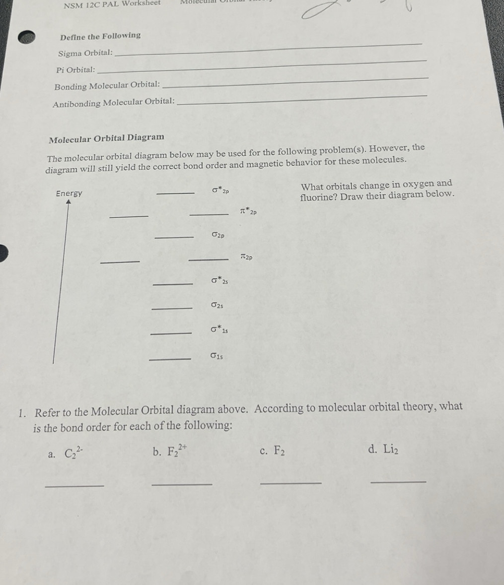 Solved: NSM 12C PAL Worksheet Define the Following Sigma Orbital ...