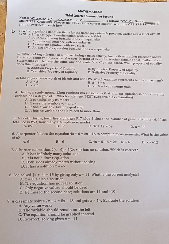 Solved: MATHEMATICS 8 Third Quarter Summative Test No. _ Name: Section ...