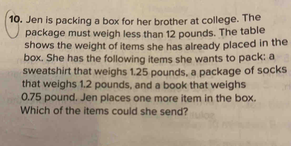 Solved: Jen is packing a box for her brother at college. The package ...