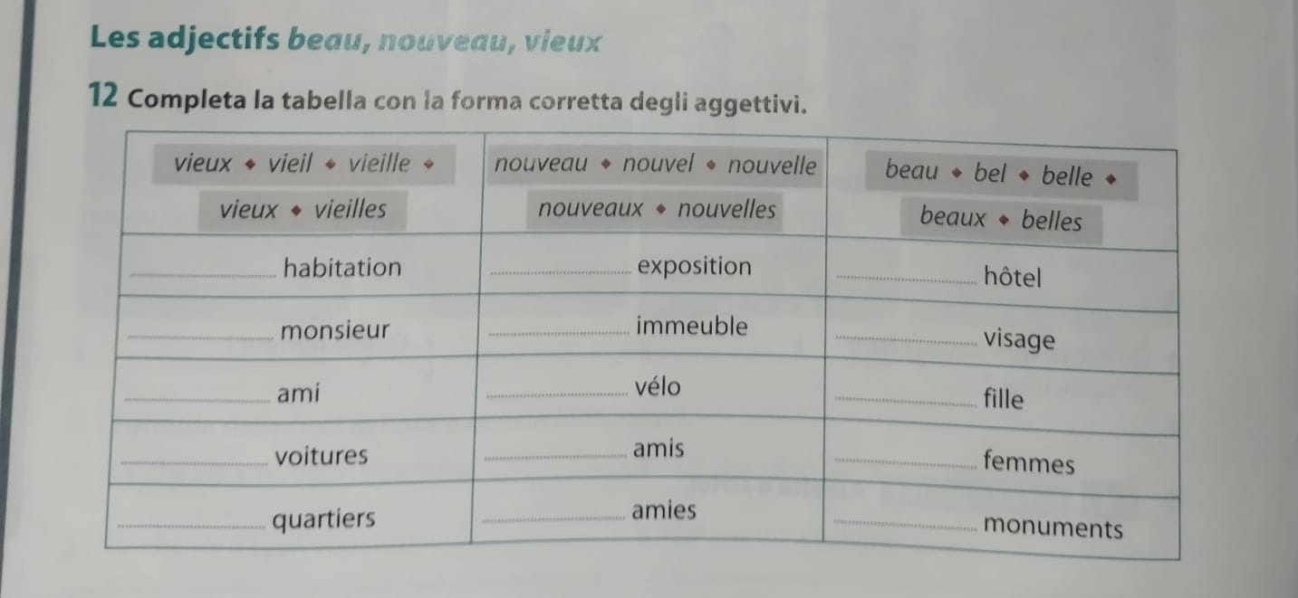 Risolto:Les adjectifs beau, nouveau, vieux 12 Completa la tabella con ...