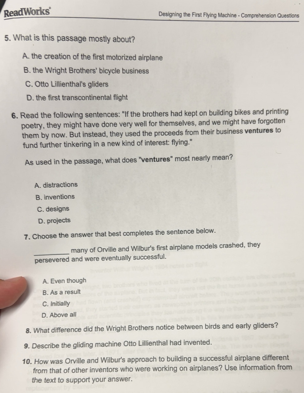 Solved: ReadWorks Designing the First Flying Machine - Comprehension ...