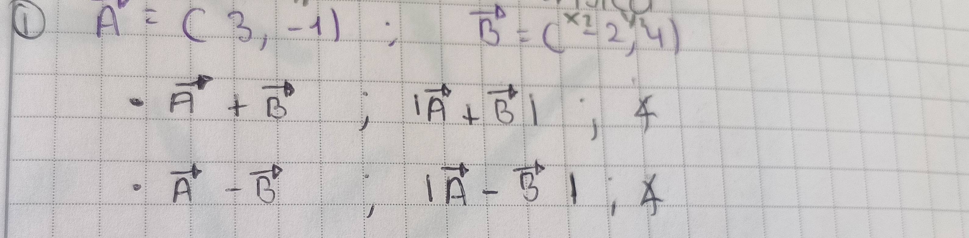 Resuelto:① A=(3,-1); vector B=(x^2-2,4) vector A+vector B y=log _121 ...