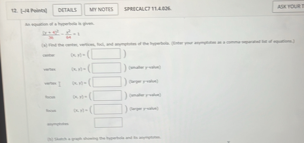 Solved: DETAILS MY NOTES SPRECALC7 11.4.026. ASK YOUR T An equation of ...