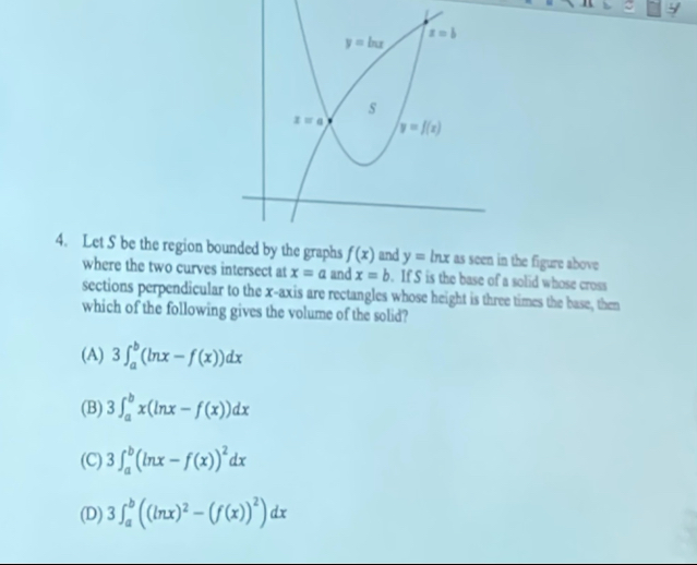 Solved: Let S be the region bounded by the graphs f(x) and y=ln x as ...
