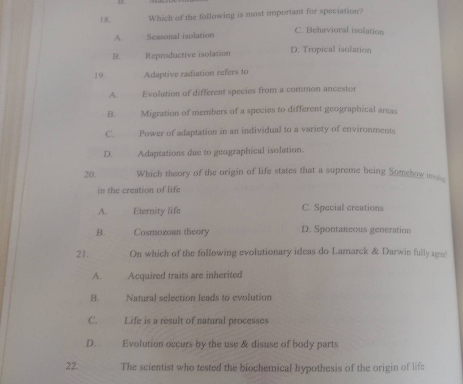 Solved: Which of the following is most important for speciation? C ...