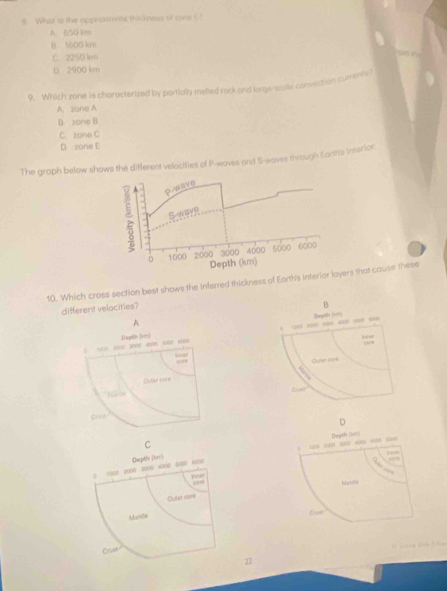 Solved: What is the apprextinats thickness of sons C? A 650 km B. 1600 ...