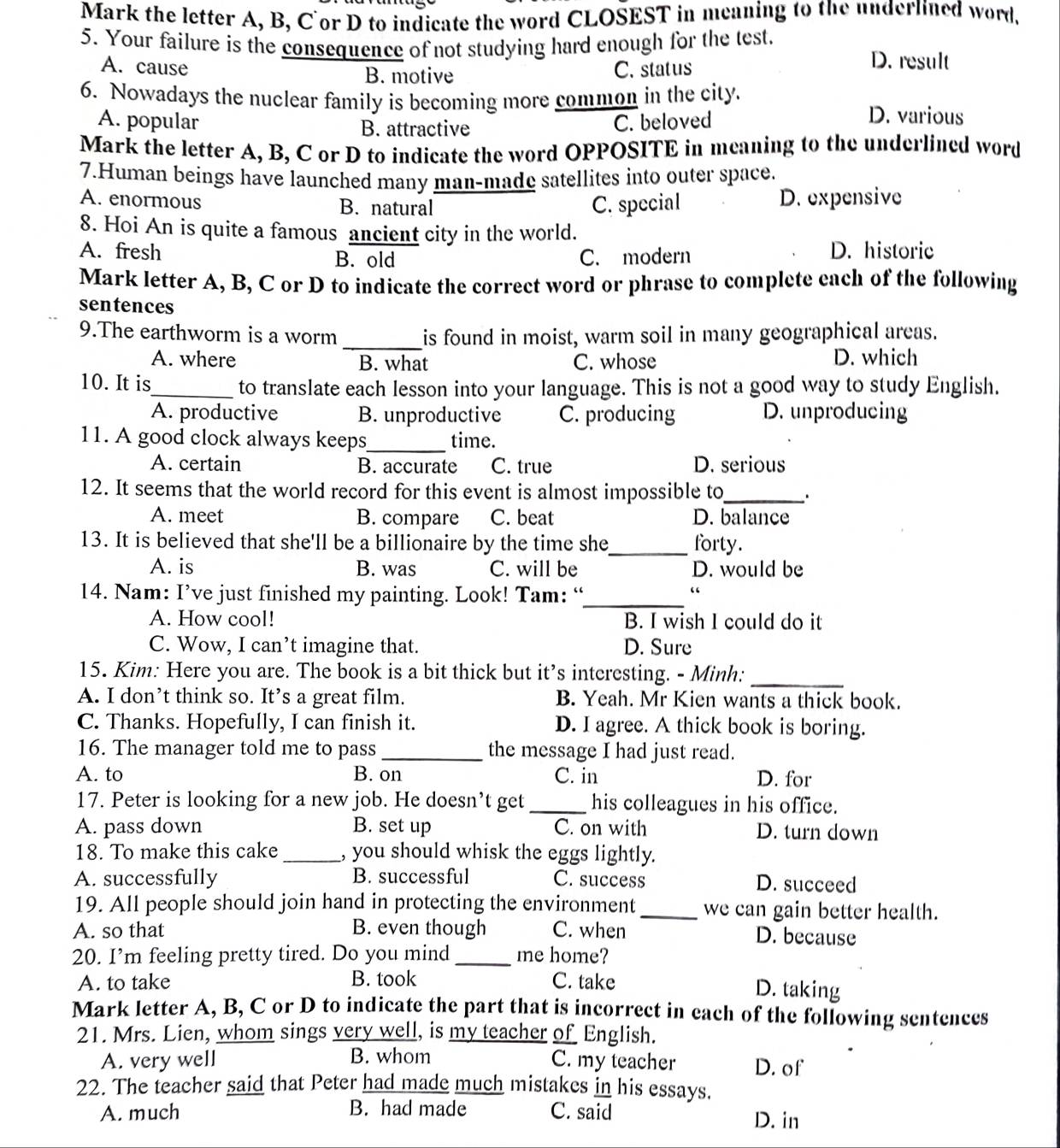 Giải quyết:Mark the letter A, B, C'or D to indicate the word CLOSEST in ...