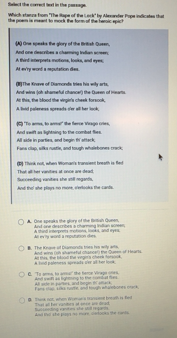 Solved: Select the correct text in the passage. Which stanza from "The ...