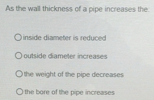 Solved: As the wall thickness of a pipe increases the: inside diameter ...